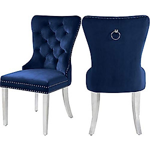 Meridian Furniture Carmen Collection Modern | Contemporary Velvet Upholstered Dining Chair with Button Tufting and Chrome Metal Legs, Set of 2, Navy, 21.5" W x 27" D x 39.5" H