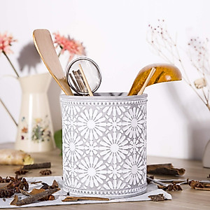 Farmhouse Kitchen Cooking Utensil Holders | Fine Embossed Cement Utensils Crock | Cement Utensil Container Kitchenware Flatware Organizer Decor Utensils Caddy (Flower Pattern)
