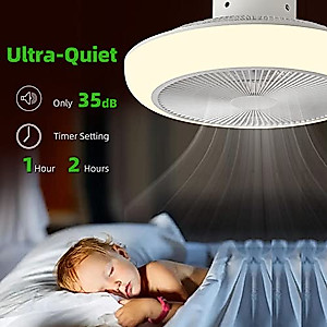 Ceiling Fan with Lights Remote Control 18" Modern Bladeless Ceiling Fan 72W Low Profile Flush Mount Ceiling Fan Light Kits Smart LED Dimmable Enclosed Ceiling Fan for Bedroom Kitchen Living Room