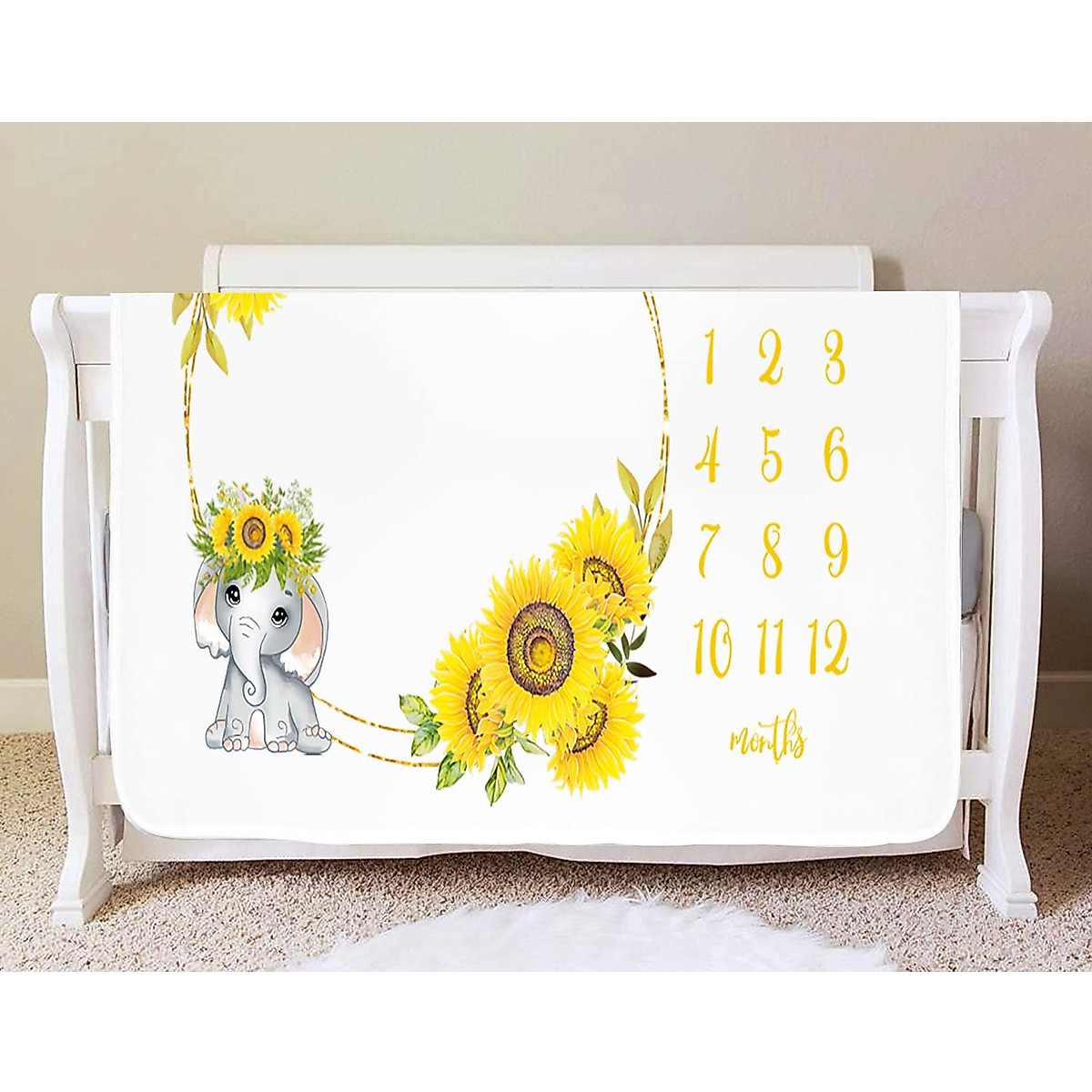 Elephant Milestone Blanket for Baby Girls Boys Soft Sunflower Photography Background Prop Monthly Milestone Trackers Growth Chart Blanket 60" x 40", Nursery Decor