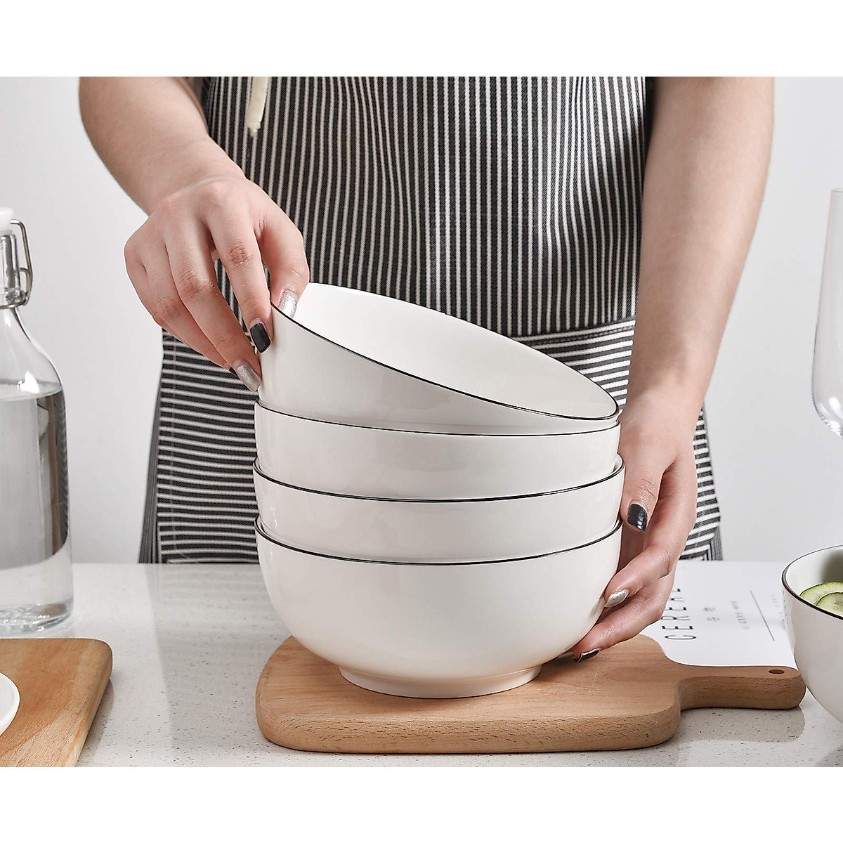 TGLBT Salad Bowls 40 Ounce Porcelain Soup Serving Pasta Bowl Set, White, Stackable, 3 Packs