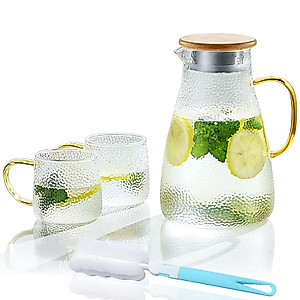 Glass Pitcher with Lid with 2 Cups, Durable 0.52 Gal Glass Pitcher with Handle with 2 Glass Cups, Water Carafe with Cups Teapot Set Gift for Hot/Cold Beverage, Juice or Tea