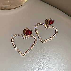 YienDoo Heart Crystal Hoop Drop Earrings Red Ruby Heart Stud Rhinestones Cluster Hollow Love Heart Dangle Earrings Gold Sparkly Exaggerated Bridal Prom Earrings Jewelry for Women Girls