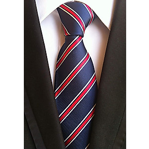 Men's Classic Navy Blue Red White Striped Jacquard Silk Ties Cool Party Self Neckties