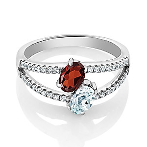 Gem Stone King 925 Sterling Silver Red Garnet and Sky Blue Aquamarine 2 Stone Ring 1.34 Ct Oval Gemstone Birthstone (Size 7)