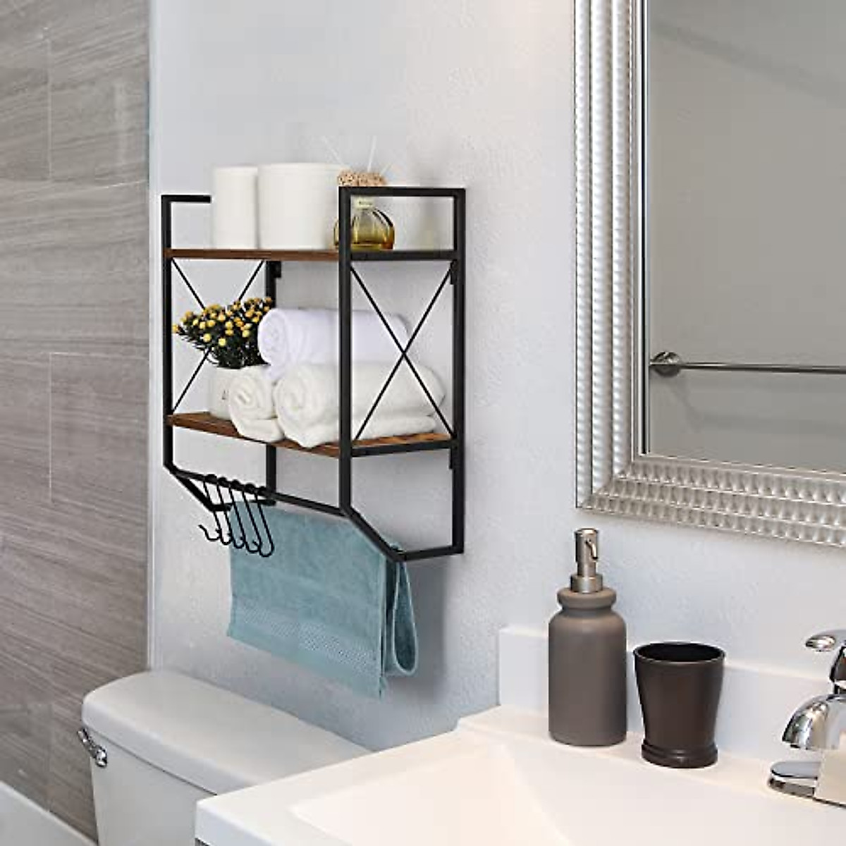 Bathroom Towel Rack 2 Tier Wall Shelf with Towel Bar, Rustic Towel Rack with Shelf for Wall Storage Shelves with Hooks Over Toilet Shelf Wall Mounted Towel Holder Shelf Floating Shelves for Home Brown