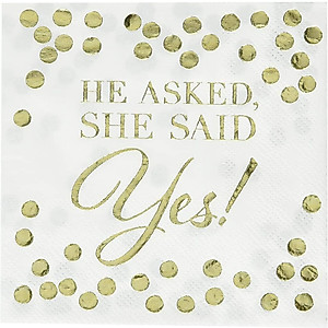 Elegant Gold & White "He Asked, She Said Yes!" Hot Stamped Beverage Napkins - 5" x 5" (Pack Of 16) | Sturdy Paper Materials | Perfect For Weddings & Engagements Celebrations