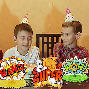 10 Pieces Hero Themed Party Decorations Honeycomb Centerpieces Action Sign Table Topper Sign Standing Cards for Birthday Party Baby Shower Decor Supplies