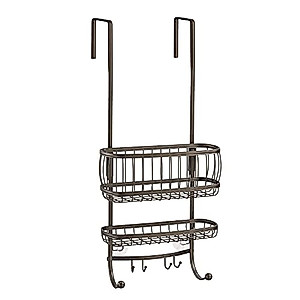 mDesign Metal Wire Over Door Bathroom Tub & Shower Bath Caddy, Hanging Storage Organizer Center - Holds Shampoo, Conditioner, Body Wash, Razor, Towel - 2 Baskets, 6 Hooks - Hyde Collection - Bronze