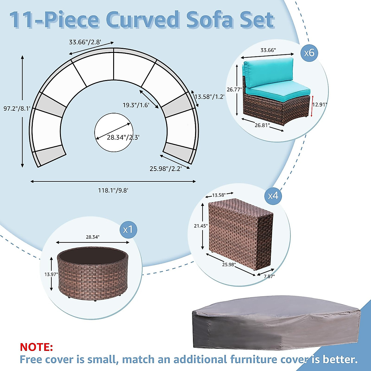 OC Orange-Casual 11 Pieces Sectional Outdoor Furniture, Half-Moon Curved Outdoor Sofa, All-Weather Brown Wicker with Round Coffee Table and Turquoise Cushions (Pillows & Waterproof Cover Included)