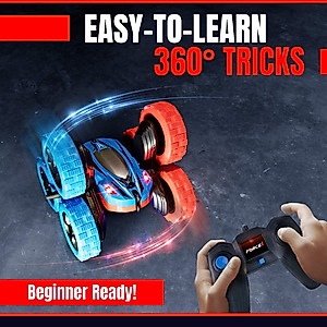 Force1 Crawler 6 Remote Control Car for Kids - 6 Wheeled RC Car Double Sided Driving with LEDs, 360 Flips, All Terrain RC Crawler Wheels, and 2.4 GHZ Remote Control, Red/Blue