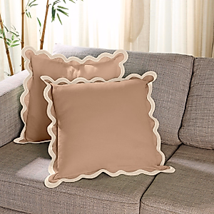 Folkulture Throw Pillow Covers 18x18, Scallop Pillow Cover Set of 2 Decorative Throw Pillows for Couch, Cute Outdoor Pillows or Couch Pillow Covers Standard Size, Brown Throw Pillows for Living Room