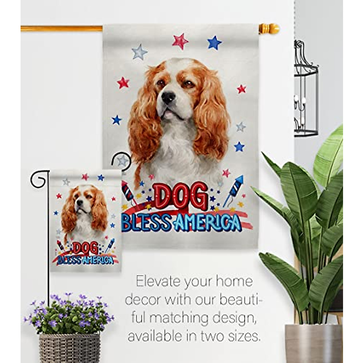 Breeze Decor Patriotic Cavalier King Spaniel Garden Flag-Set Wood Dowel Dog Puppy Spoiled Paw Canine Fur Pet Nature Farm Animal Creature House Banner Small Yard Gift Double-Sided, Made in USA