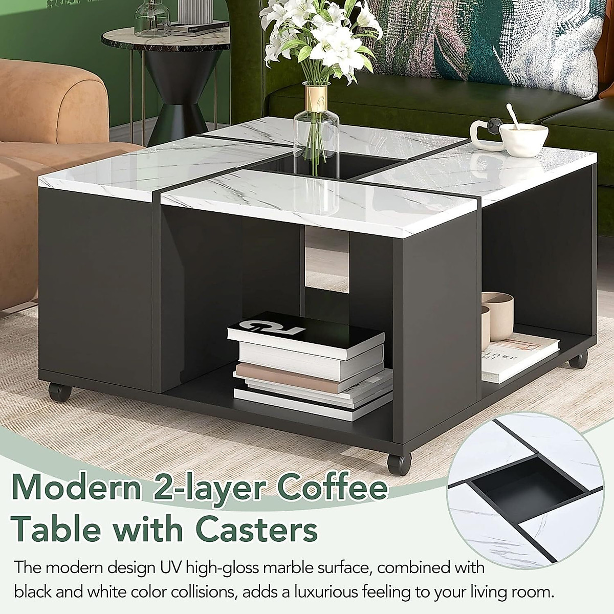 Modern Coffee Table with Storage & Casters, Coffee Tables for Living Room Cocktail Table with Removable Tray, Living Room High Gloss White Marble Top Center Table for Home Office