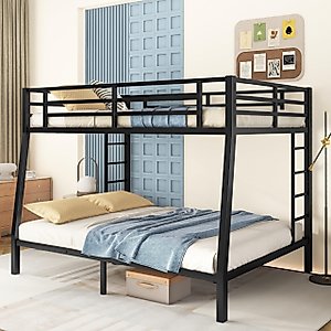 Bellemave Full XL Over Queen Metal Bunk Bed for Adults,Heavy-Duty Bunk Bed with 2 Ladders,Full Over Queen Bunk Beds,Space-Saving Bunk Bed for Kids/Teens/Adults,Noise-Free,Black