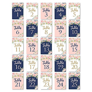 1-25 Navy Blush Floral Table Number Double Sided Signs For Wedding Reception, Restaurant, Birthday Event, Calligraphy Printed Numbered Card Centerpiece Decoration Setting Reusable Frame Stand 4x6 Size