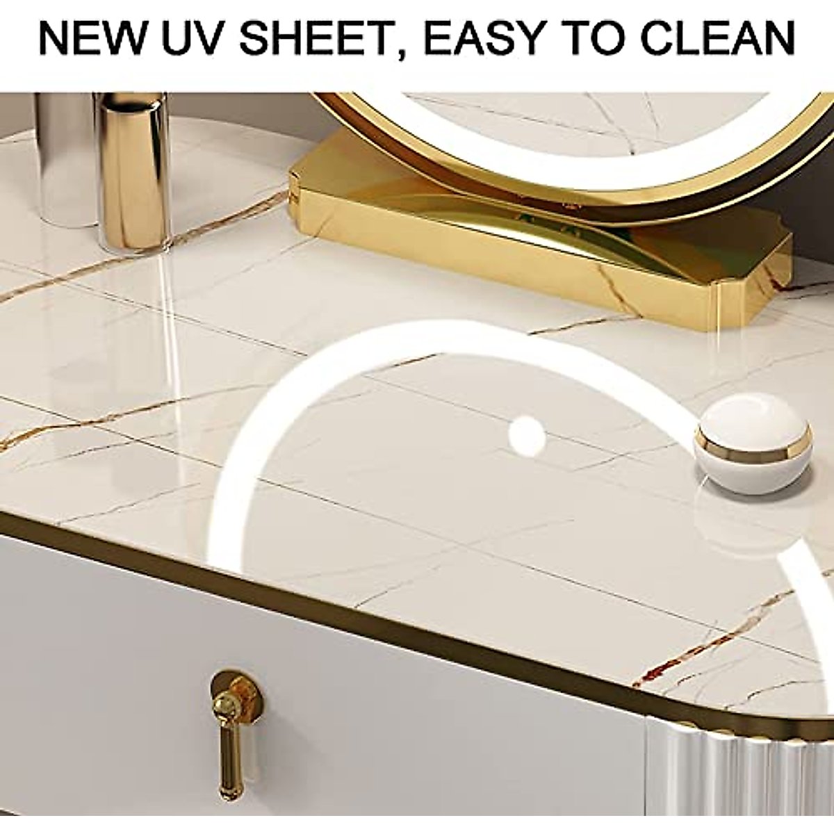 UTMACH Vanity Slate Tabletop Vanity Desk, Vanity Set with Adjustable Cabinet ＆ Makeup Chair, Dressing Table with Lighted Mirror ＆ Drawers Desk Sturdy