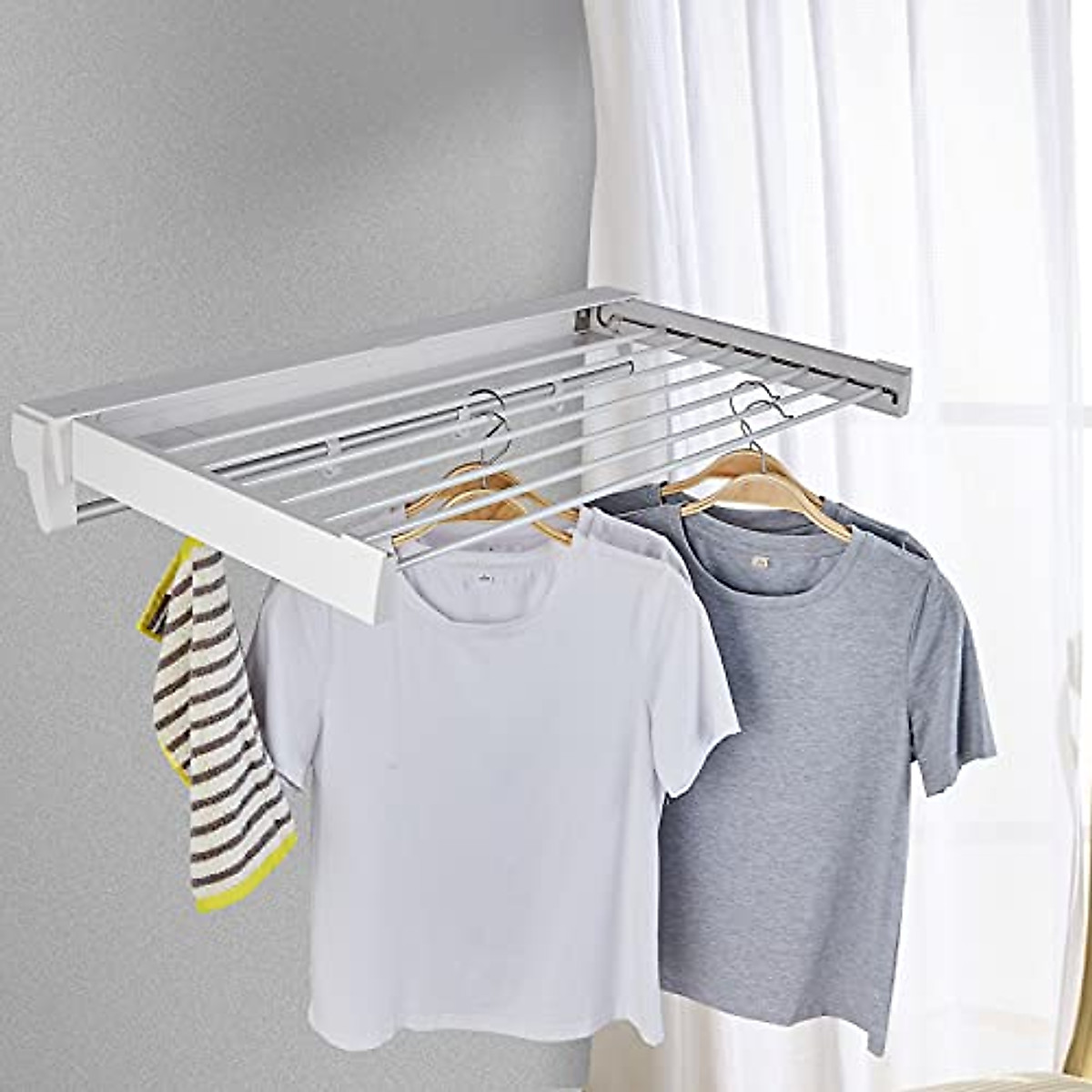 Delysia King Clothes Laundry Drying Rack，Collapsible Wall Mounted Hanger|7 Drying Rods (White)