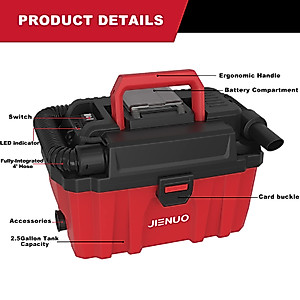 JIENUO Cordless Wet Dry Vacuum, Cordless Shop Vac 20V 2.5 Gallon, Brushless Adjustable Suction Portable Wet/Dry Vacuum Cleaner with Blower for Home, Car and Basement,4.0Ah Battery and Charger included