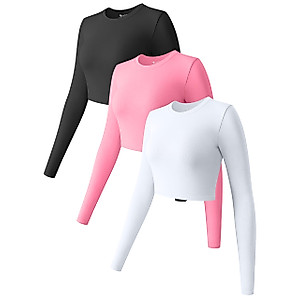 OQQ Women 3 Piece Crop Tops Long Sleeve Crew Neck Stretch Fitted Underscrubs Shirts Crop Tops Black White Candypink