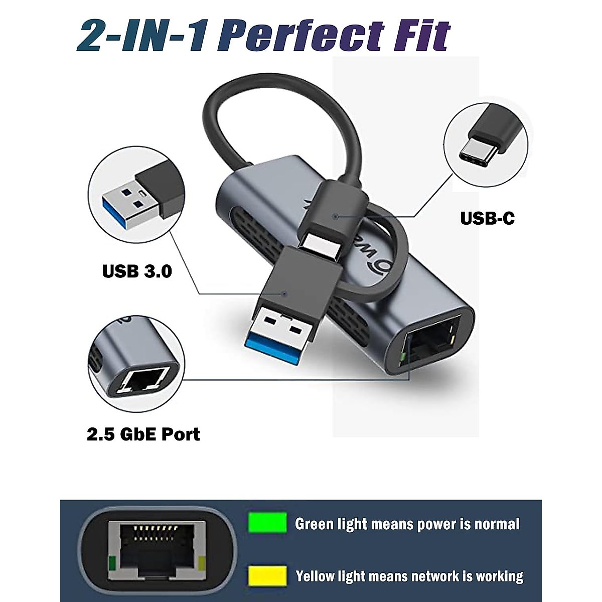 Wavlink USB C to Ethernet Adapter 2.5 Gbps, 2-in-1 USB to 2.5G Ethernet Adapter, USB-C to RJ45 Network Converter (Thunderbolt 4/3 Compatible), Aluminum Case for Windows, Mac OS, iPad OS and More.