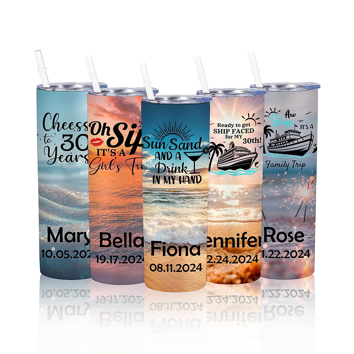 Custom Beach Tumblers for Women Cute Girl's Trip Cups Tumbler Personalized Insulated Tumbler Cup with Lid Straw for Friends Girls Trip Favor Gifts 2025 Bachelorette Trip Gift Family Vacation Cups