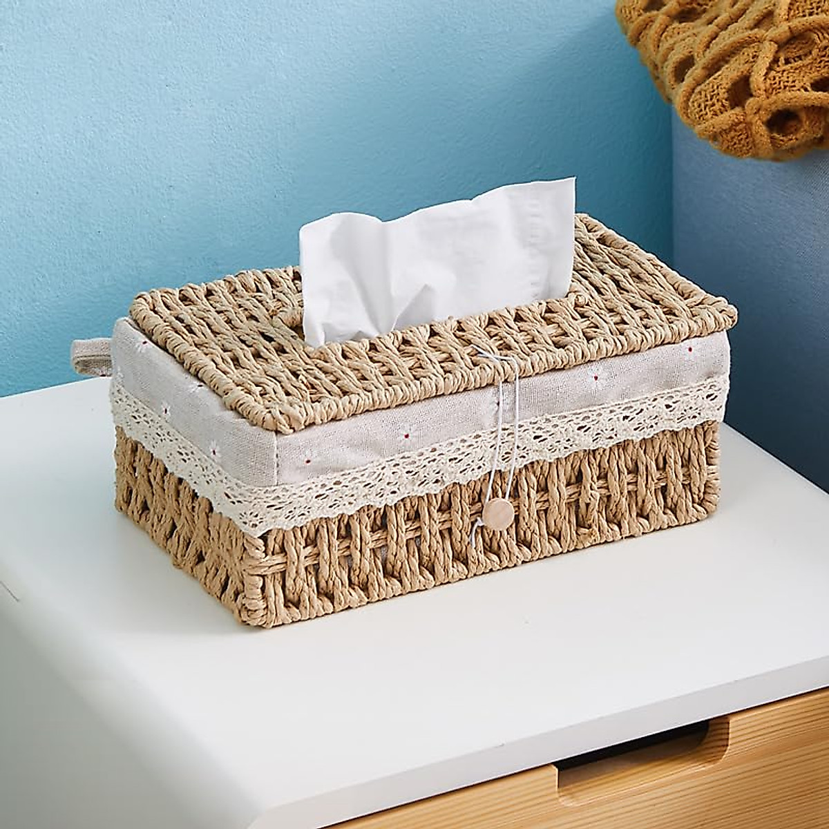 BUPEI Living Room Tissue Box Desktop Paper Box Home Coffee Table Key Basket Imitation Straw Storage Box Simple Napkin Paper Box (Color : Large Brown Belt Buckle)