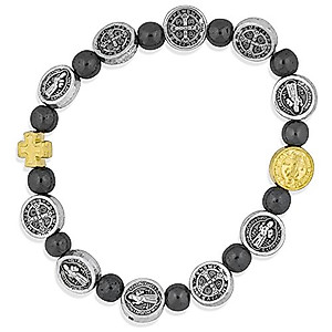 Saint Benedict Stretch Bracelet with Genuine Hematite Beads Made in Italy