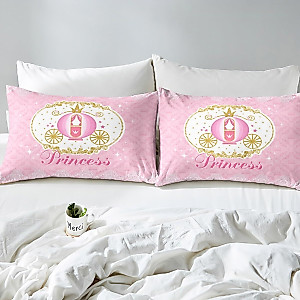 Princess Style Duvet Cover,Children Pink Luxury Bedding Set,Carriage Comforter Cover for Girls Kids Room Decor,Women Cute Cartoon Lightweight Bedspread Cover Queen Size with 2 Pillow Cases