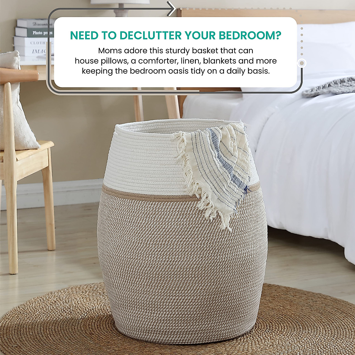 Organizix XXXL Extra Large Woven Cotton Rope Tall 25" Height Laundry Hamper Basket with Handles, Storage Basket for Toys, Blanket, and Towels - 20 x 25, White/Brown