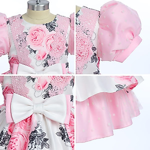 Baby Girl First Birthday Party Dress Headband Outfit Toddler Kids Flower Printed Short Sleeve Bowknot A-line Knee Length Lace Tutu Princess Dress for Pageant Wedding Bridesmaid Formal Pink 6-12M