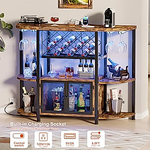 Hyomdeck Wine Bar Cabinet with LED Lights and Power Outlets, Industrial Coffee Bar Cabinet for Liquor and Glasses, Farmhouse Bar Cabinet with Freestanding Wine Racks for Kitchen/Dining, Rustic Brown