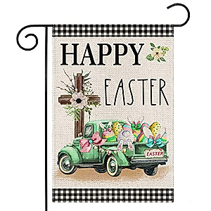 Happy Easter Garden Flag 12x18 Inch Double Sided Buffalo Plaid with Truck Cross Rabbit Eggs,Small Yard Flag for Outside Farmhouse Holiday Spring Outdoor Decor