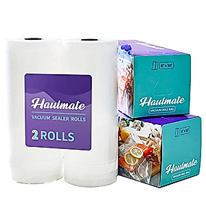 HAULMATE Vacuum Seal Bags (Set of 2) - 8"x50" Food Saver Vacuum Sealer Bags Rolls with Roll Cutter, Maximum Airtight Sealer Suction, 7-Layer Pierce-Resistant Material, Clamp Vacuum Sealer Compatible