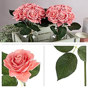 Pure Garden Rose Artificial Flowers - 18Pc Real Touch 11.5-Inch Fake Flower Set with Stems for Home Decor, Wedding, or Bridal/Baby Showers (Coral)