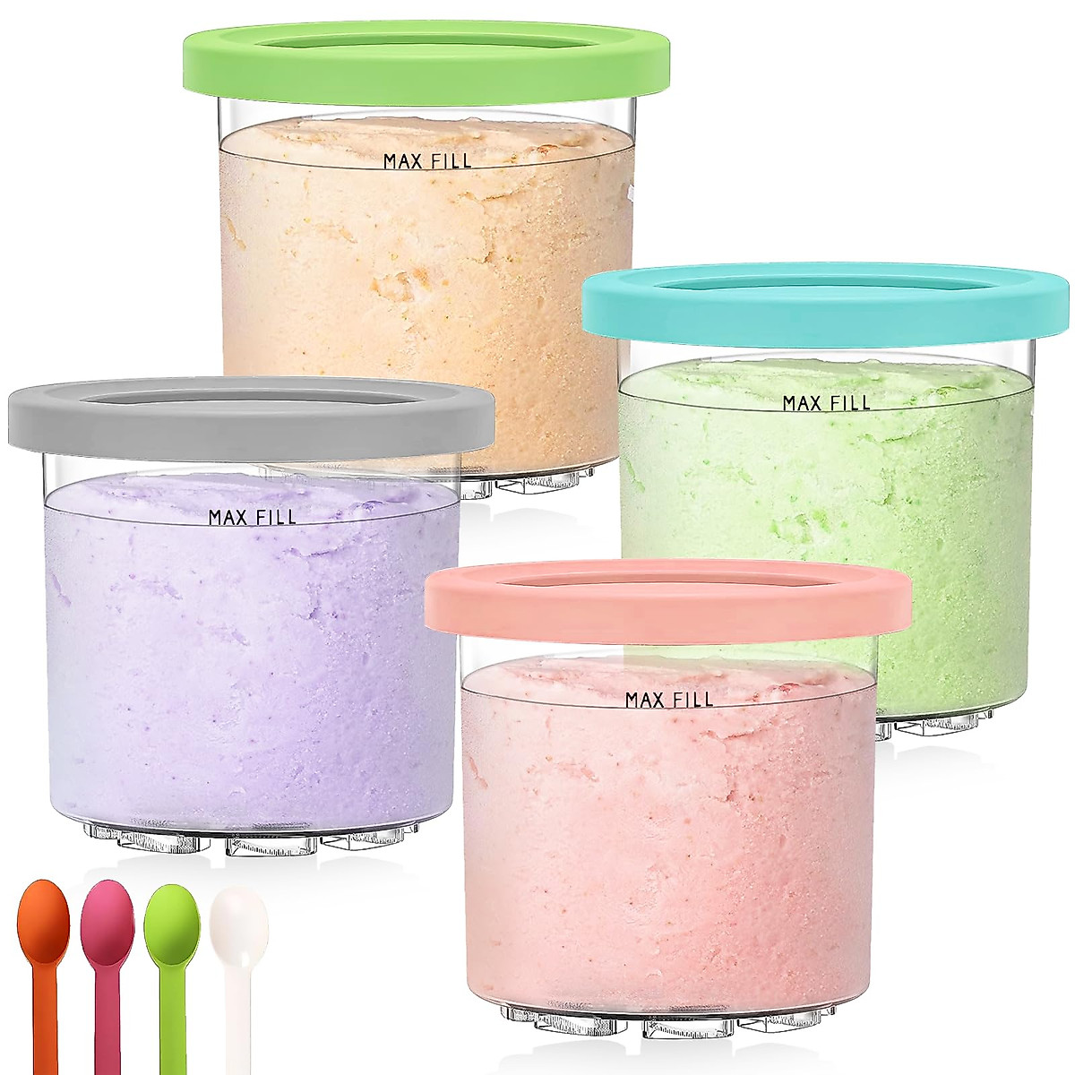 newkaijian Replacement For Ninja Creami Deluxe Pints and Lids-4 Pack & BPA Free, Dishwasher Safe, Colorful Lids, Clear Ice Cream Cups 16oz Compatible with NC300 NC299AMZ Ice Cream Maker