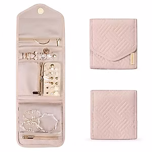 BAGSMART Travel Jewelry Organizer Case Foldable Jewelry Roll for Journey-Rings, Necklaces, Earrings, Bracelets,Mini,Soft Pink