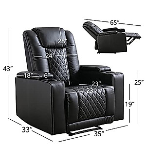ANJ Power Recliner Chair Set of 3, PU Leather Electric Home Theater Seating with USB Ports and Cup Holders, Black Overstuffed Reclining Furniture with Hidden Arm Storage