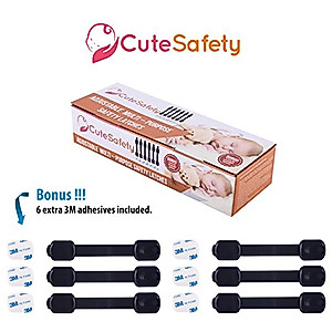 CUTESAFETY Child Proof Safety Locks - Baby Proofing Cabinet Lock with 6 Extra 3M Adhesives - Adjustable Strap Latches to Cabinets,Drawers,Cupboard,Oven,Fridge,Closet Seat,Door,Window (Black, 6)