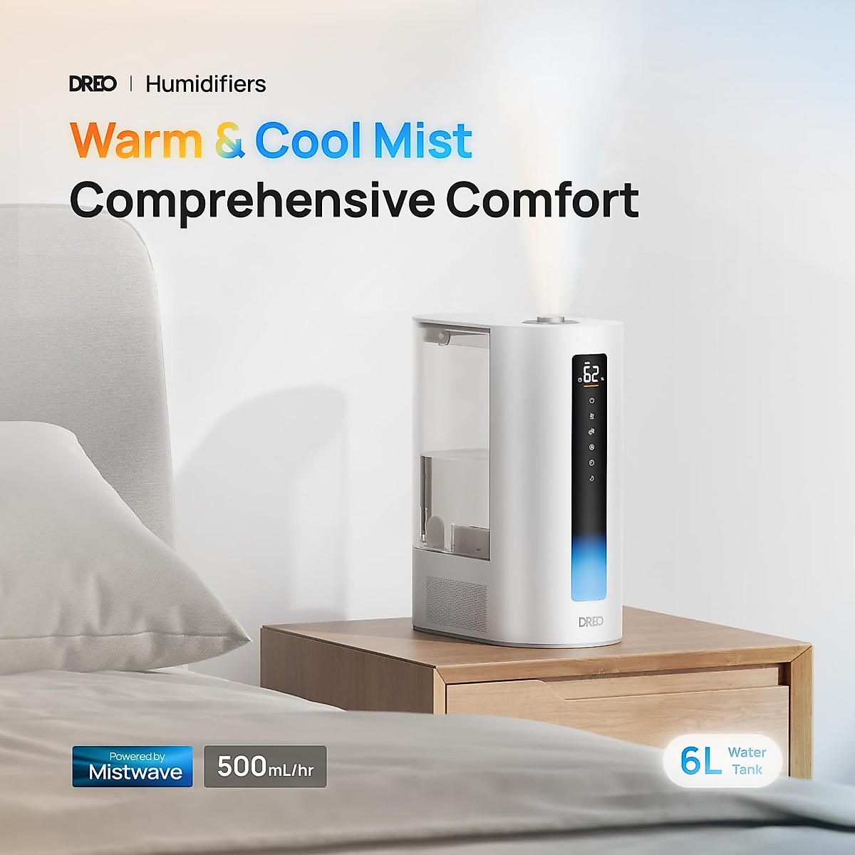 Dreo 6L Humidifier Large Room, Warm & Cool Mist Humidifiers for Bedroom, 60H Runtime, 12H Timer, Top Fill, Oil Diffuser, Humidity Indicator Light, Baby, Plants, Easy Clean, HM713