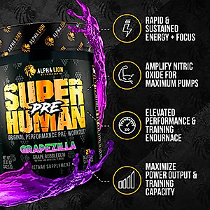 ALPHA LION Superhuman Pre Workout Powder, Beta Alanine, L-Taurine & Tri-Source Caffeine for Sustained Energy & Focus, Nitric Oxide & Citrulline for Pump (21 Servings, Grapezilla)