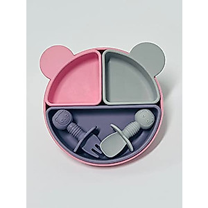 MIX COLOR SILICON BABY FEEDING SET, BABY EATING SUPPLIES, BABY LED WEANING SUPPLIES (Pink Grey Purple)