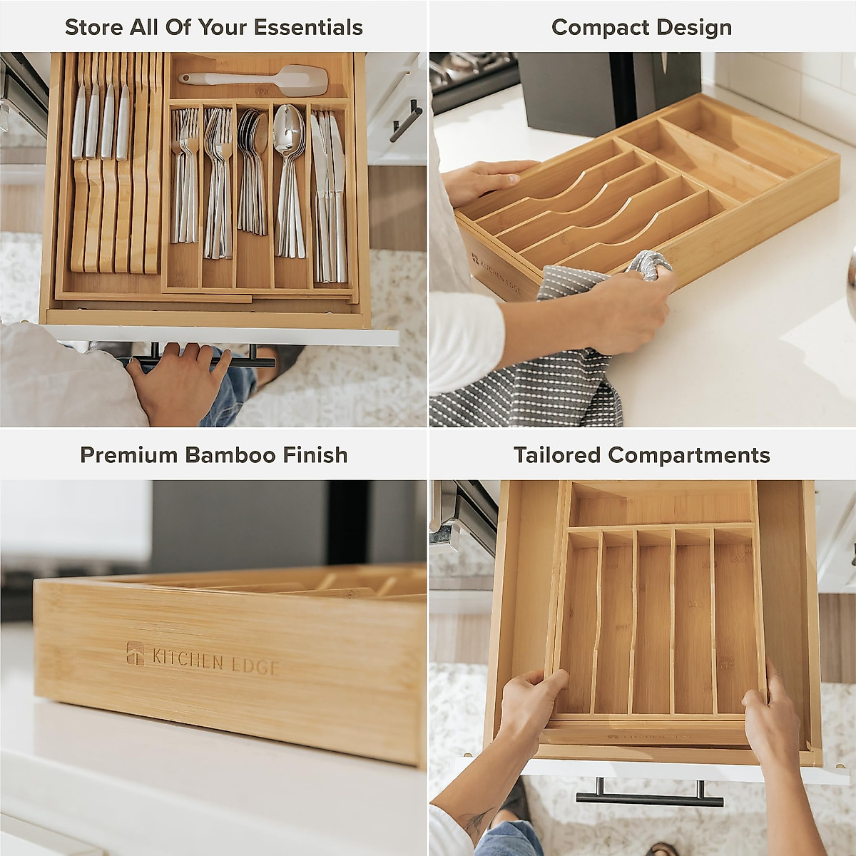 KitchenEdge Premium Silverware, Flatware and Utensil Organizer for Kitchen Drawers, Food-Safe Contract Grade, Expandable from 10.5 to 19 In, Natural Bamboo