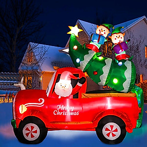 8 FT Christmas Inflatables Yard Decorations, Blow Up Santa on Red Truck with Christmas Tree and Elfs, Light Up Holiday Inflatables for Indoor Outdoor, Xmas Party, Lawn, New Year