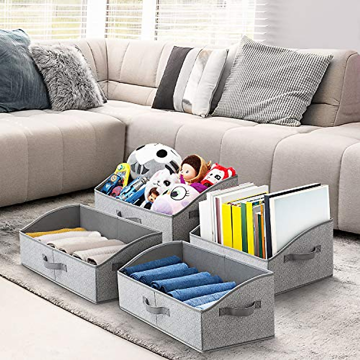 artsdi Set of 4 Large Capacity Storage Bins and Baskets with Handles, Closet Shelf Organizer Bins, Foldable Trapezoid Storage Box for Shelves,Clothes,Baby Toiletry,Toys,Towel,DVD,Book, Jumbo,Gray