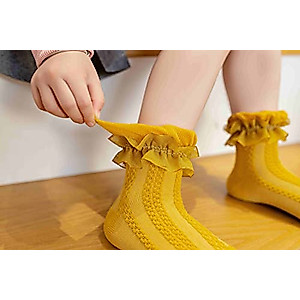 Gwenvenni Toddler Girls Double Ruffle Lace Trim Cotton Socks Frilly Dress Socks 5-Pack, Age 3-5T