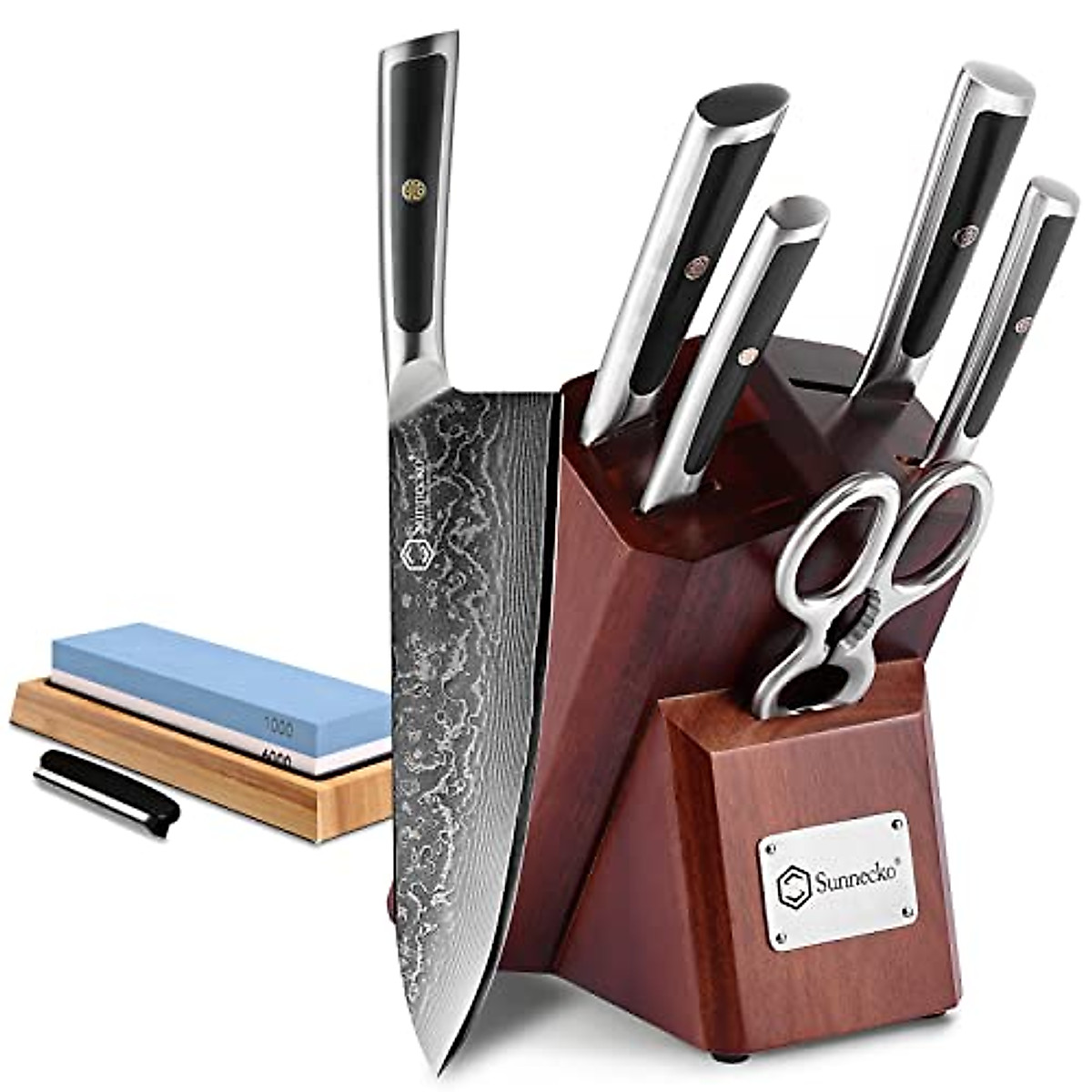 Sunnecko Knife Sets for Kitchen with Block,7 PCS Damascus Kitchen Knife Set,67-Layer Japanese VG10 High Carbon Stainless Steel Blade,Full Tang Forged,Ergonomic Handle,Whetstone&Scissors Include