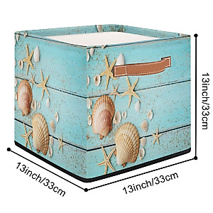 Summer Seashells Cube Storage Baskets Fabric Seashells Border on Sand Storage Bins Boxes Collapsible Organizer Bin with Handles for Shelves,Toys, Towels, Closet,Shelf Basket