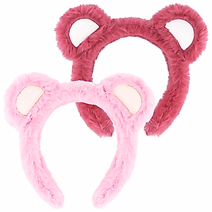 WHAVEL 2 Pcs Plush Animal Ears Headband, Cute Bear Costume Face Wash Hair Accessories for Adult Women Kids (Pink, Rose)