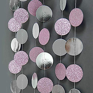 Glitter Silver Pink Circle Dot Garlands Party Decoratoins Polka Dots Streamer/Backdrop/Banner for Girls Birthday/Bday Party Hanging Decor/Bridal Baby Shower/Wedding/Anniversary/Engagement/Sweet 16